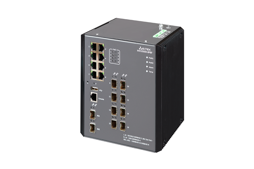 MES3500I-8P8F | Промышленный коммутатор Eltex 8 портов 1G PoE/PoE+, 8 портов 1G SFP, 2 порта 10G ...